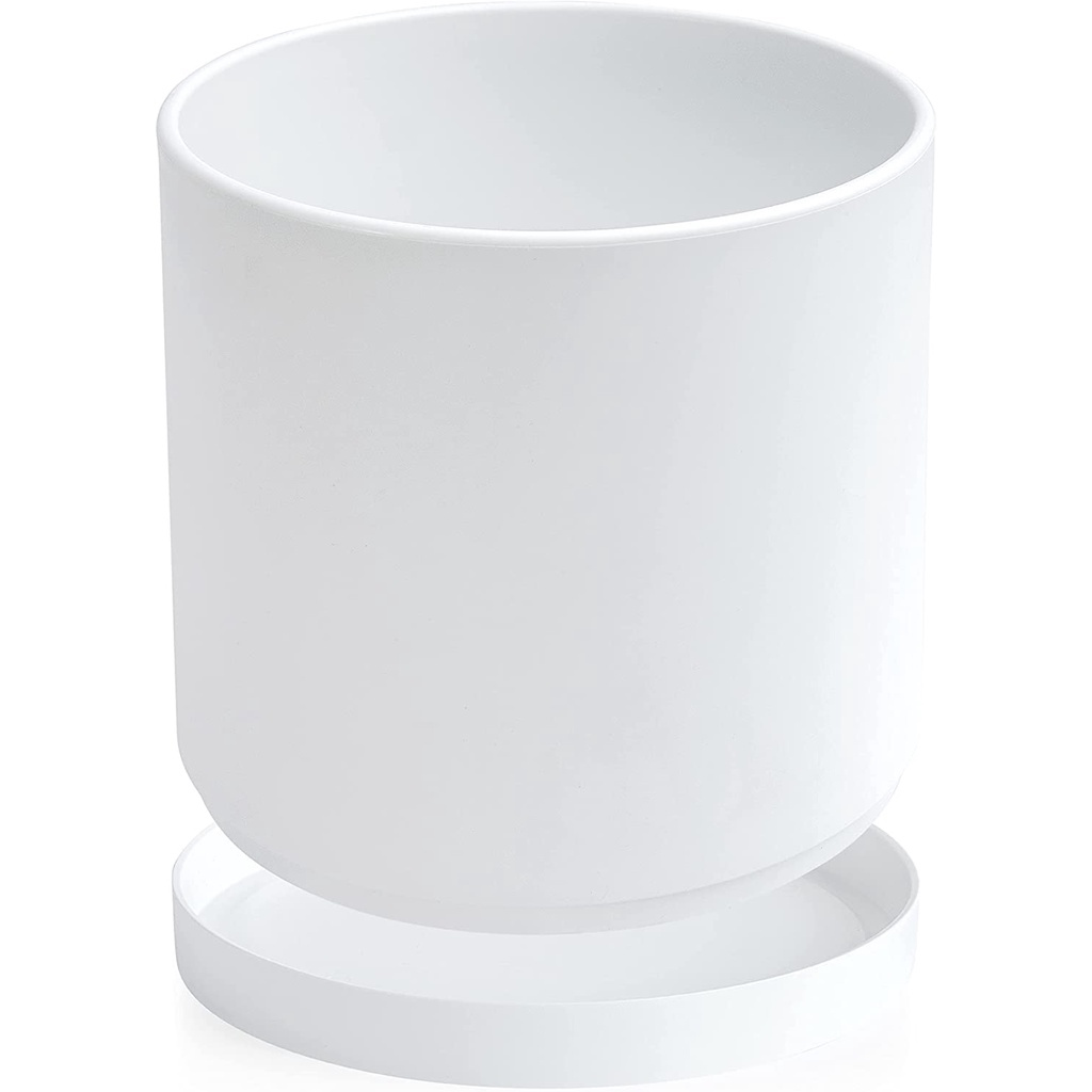 MyCe0Q9Z Cylindrical ceramic looking White plastic pot with catch plate ...