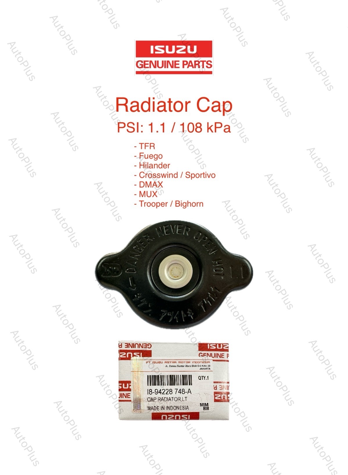 Isuzu Genuine Parts Isuzu Radiator Cap 1.1 (108kPa): Crosswind Sportivo ...