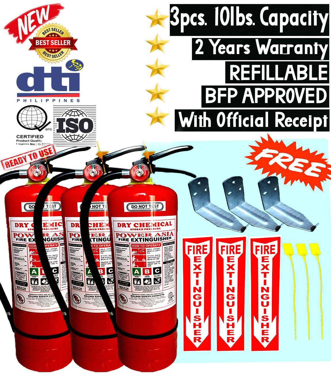3PCS. 10LBS. FIRE EXTINGUISHER ABC Dry Chemical Power Asia Brand ...