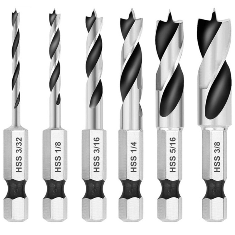6Pcs HSS SAE Brad Point Stubby Drill Bit Set for Wood with 1/4-Inch ...