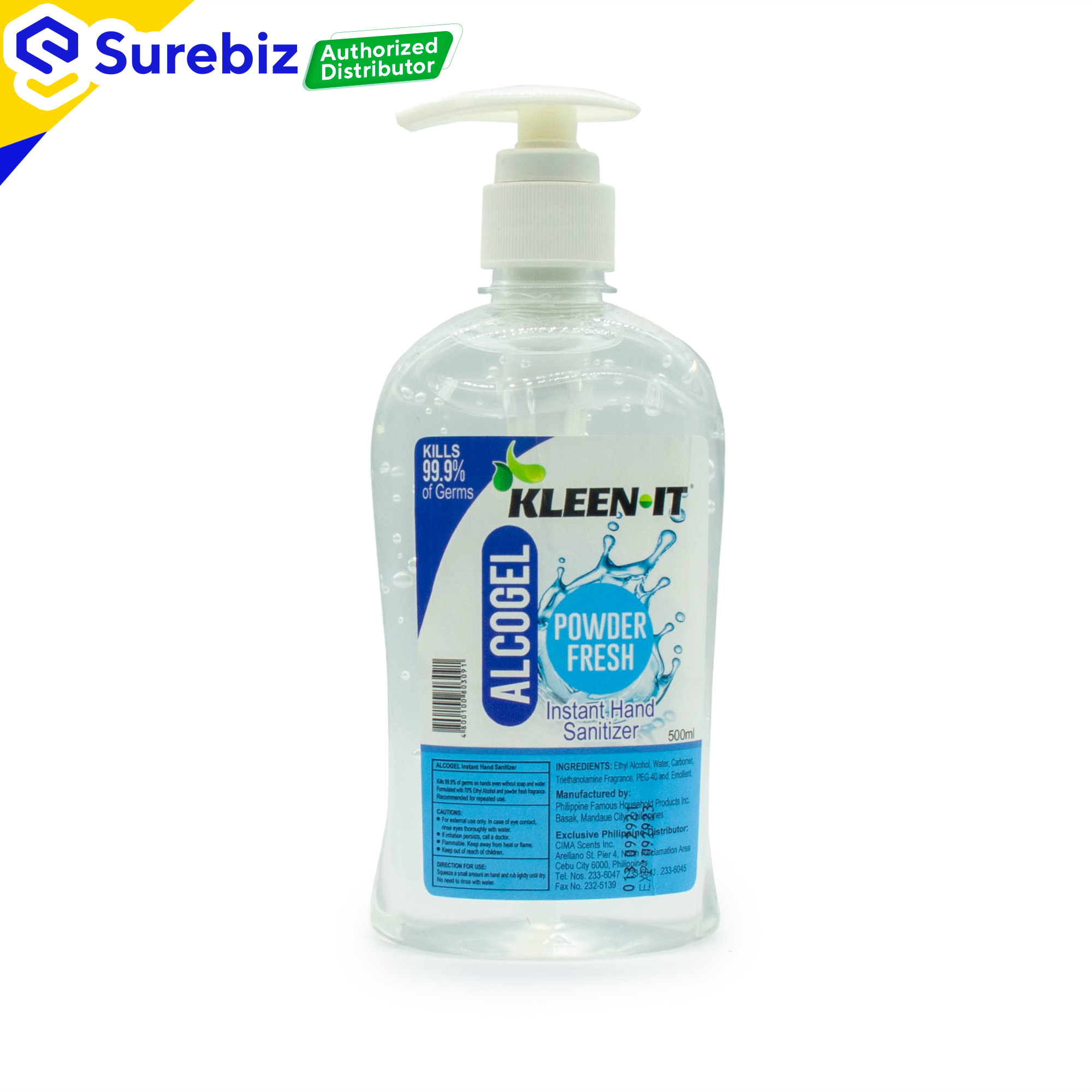 Kleen It Alcogel Powder Fresh Instant Hand Sanitizer w/pump (500ml ...