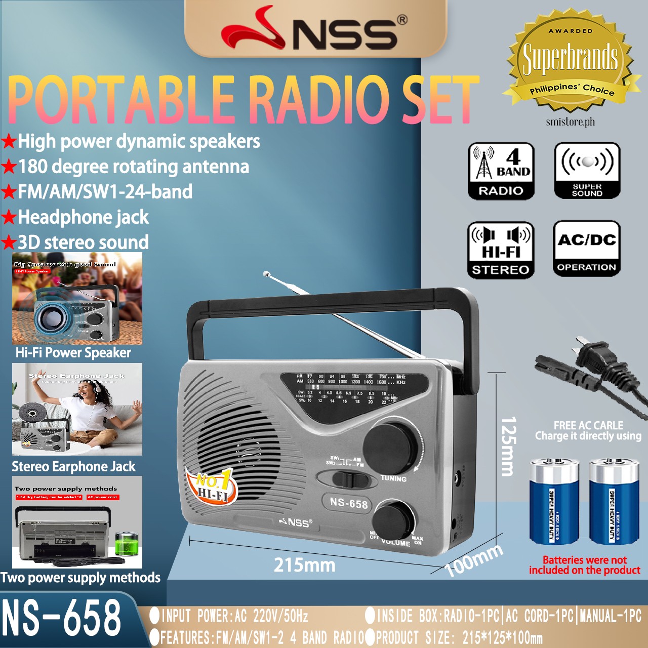 NSS Portable Radio Speaker HI-FI Super Sound FM/AM/SW 1-2 BAND RADIO AC ...