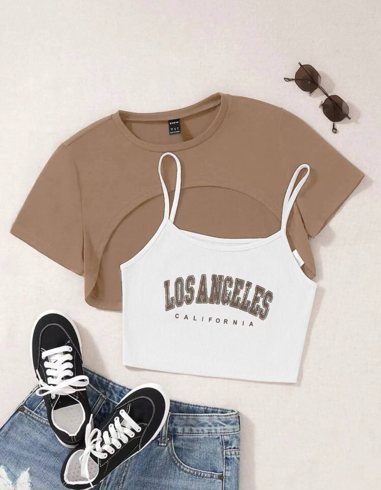 Korean Fashion Crop top Letter Graphic Cami top & High Low Tee tops no ...