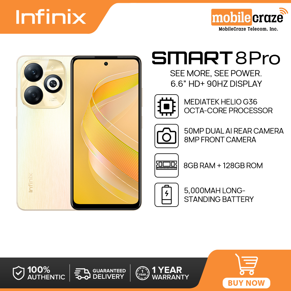 Infinix Smart 8 Pro Smartphone | 8GB RAM + 128GB ROM | MTK Helio G36 | 6.6” 90Hz Magic Ring ...