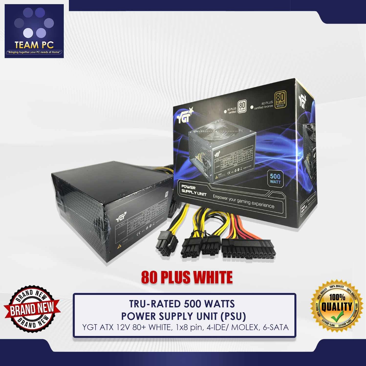 TRU-RATED 500 WATTS POWER SUPPLY UNIT (PSU), YGT ATX 12V 80+ WHITE, 1x8 pin, 4-IDE/ MOLEX, 6 ...