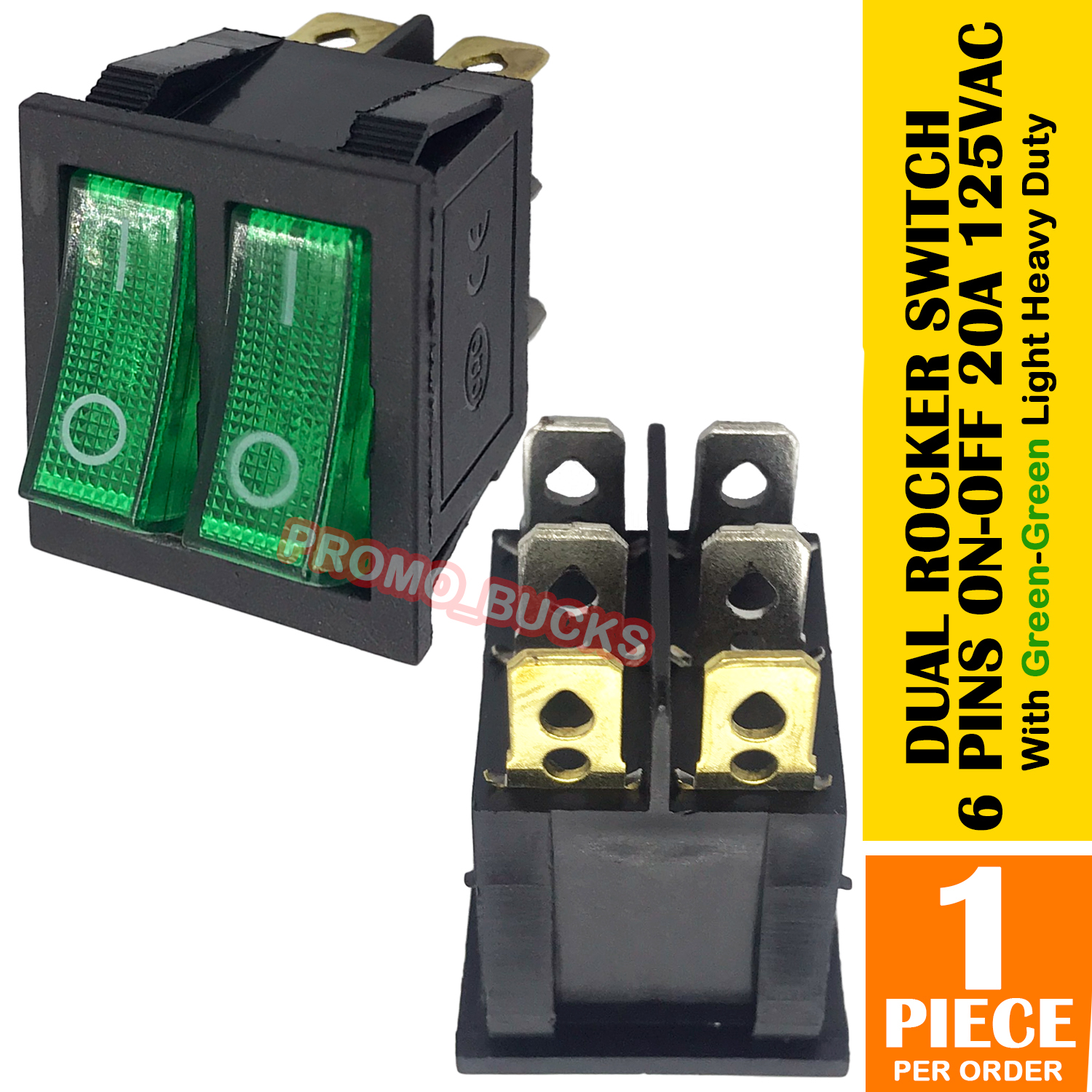 Dual Rocker Switch 6 Pin On-Off With GREEN-GREEN Light 20A 125V AC ...