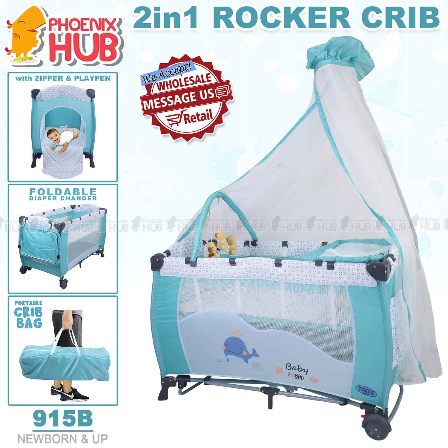 Phoenix Hub KDD-970 Baby Rocker Crib Play Yard Playpen Baby Nursery Center Infant Crib with ...