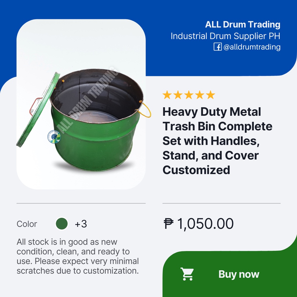 Heavy Duty Metal Trash Bin Complete Set with Handles, Stand, and Cover ...