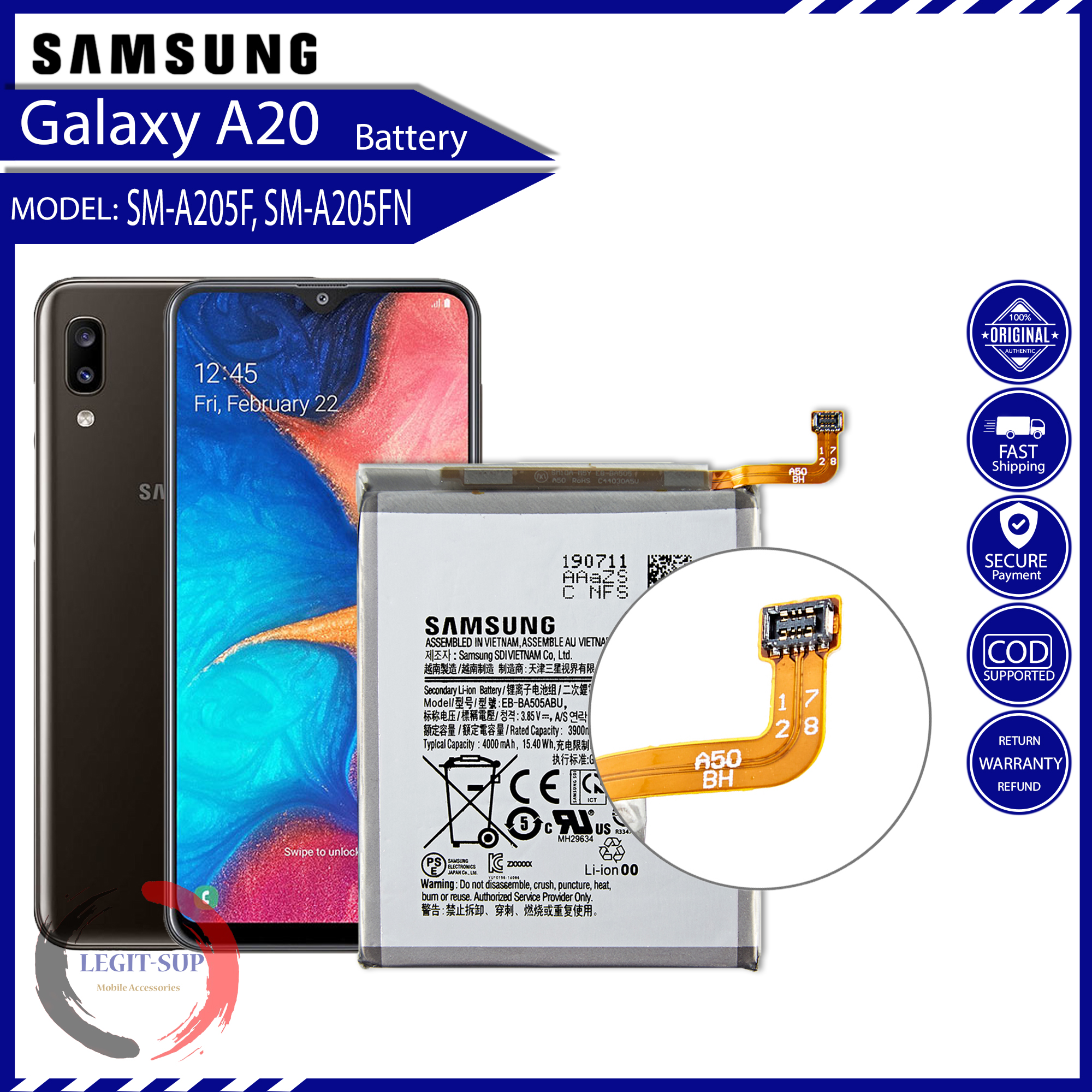 Samsung Galaxy A20 Battery SM-A205FN Model: EB-BA505ABU 4000mAh ...
