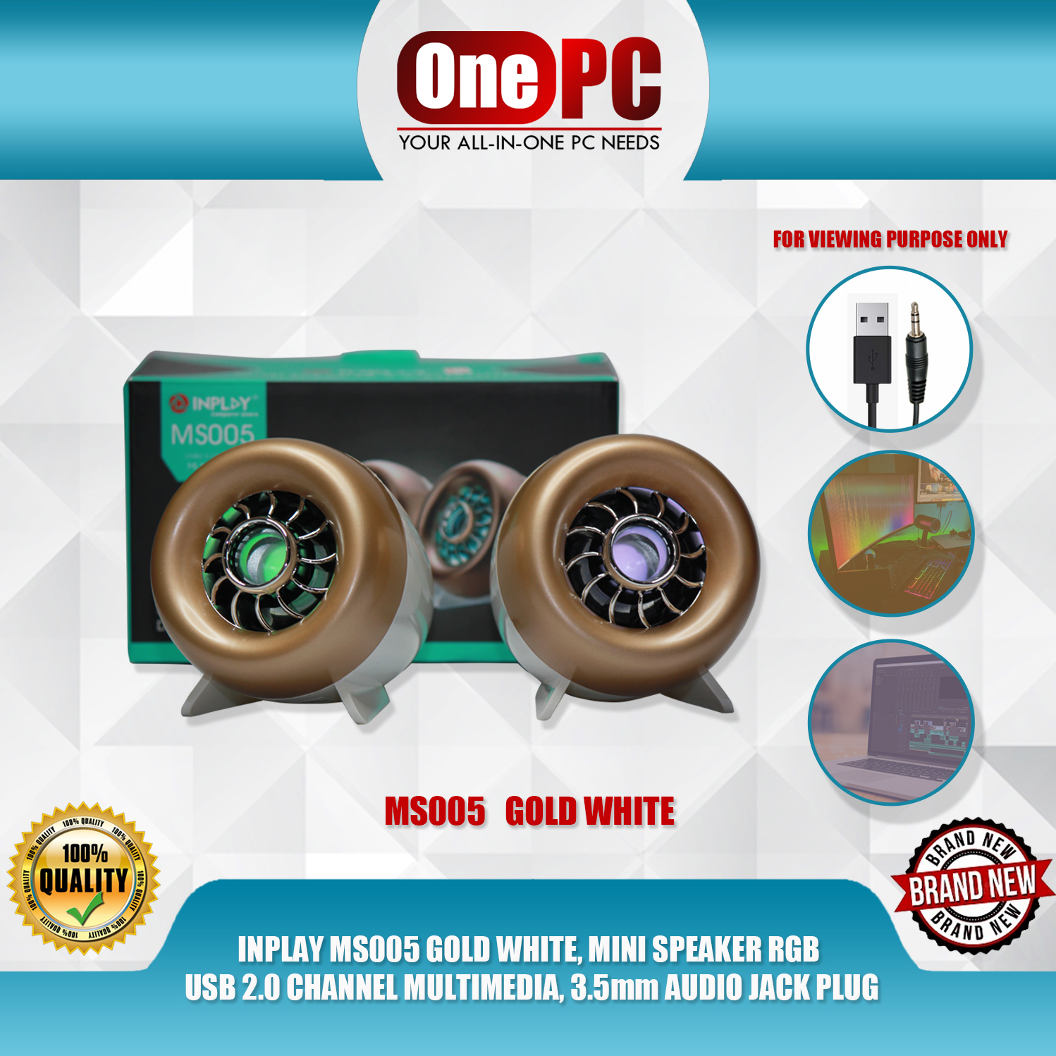 INPLAY MS005 GOLD WHITE, MINI SPEAKER RGB USB 2.0 CHANNEL MULTIMEDIA, 3 ...