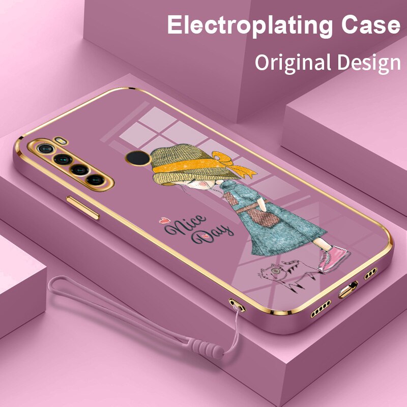 Cartoon Cat and Girl Square Plated Phone Case for Xiaomi Redmi Note 11 ...