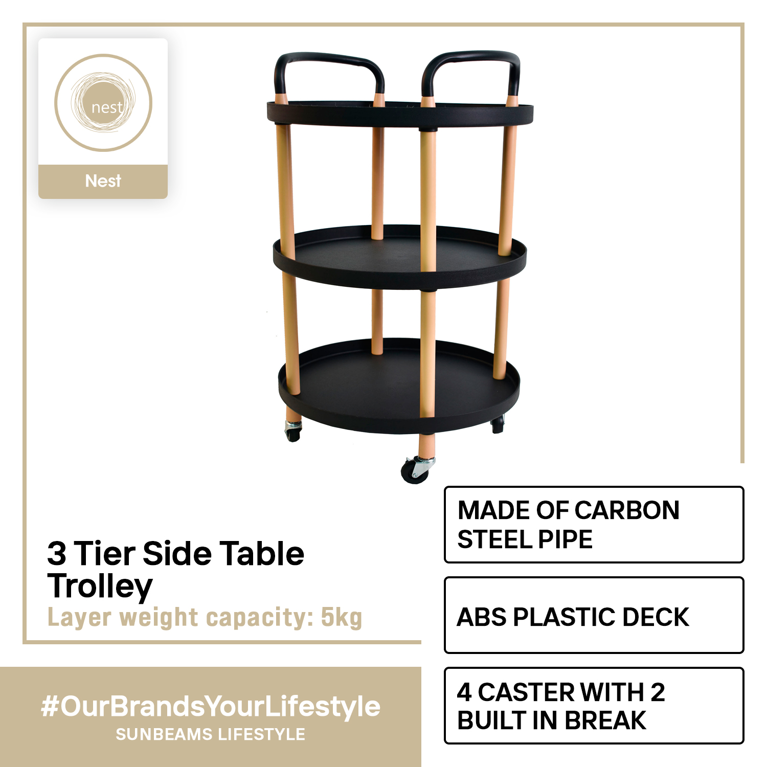 NEST DESIGN LAB 3 Tier Round Trolley Cart 48x85cm | Bar Cart | Food ...