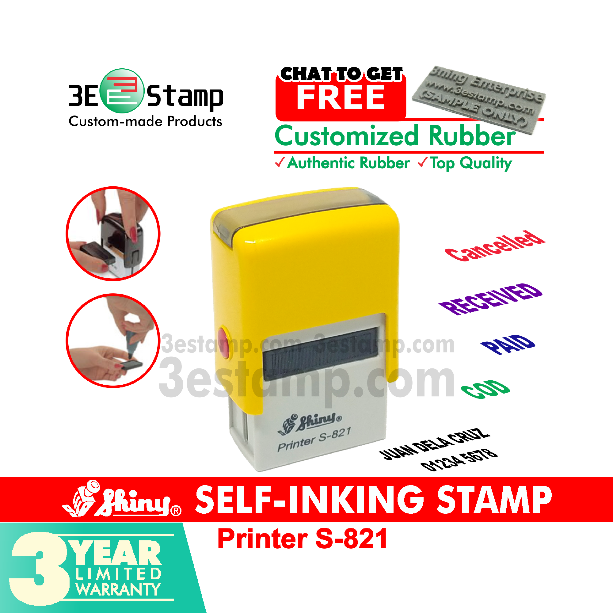 【3E Stamp】 Shiny 821 / S821 / S-821 Self inking Stamp for Personalized ...
