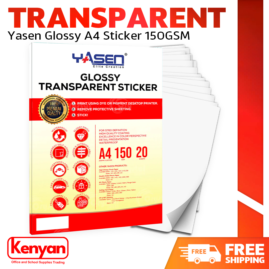 Yasen Transparent Sticker Paper A4 Size 150GSM 20 Sheets Waterproof Clear Sticker Paper for ...