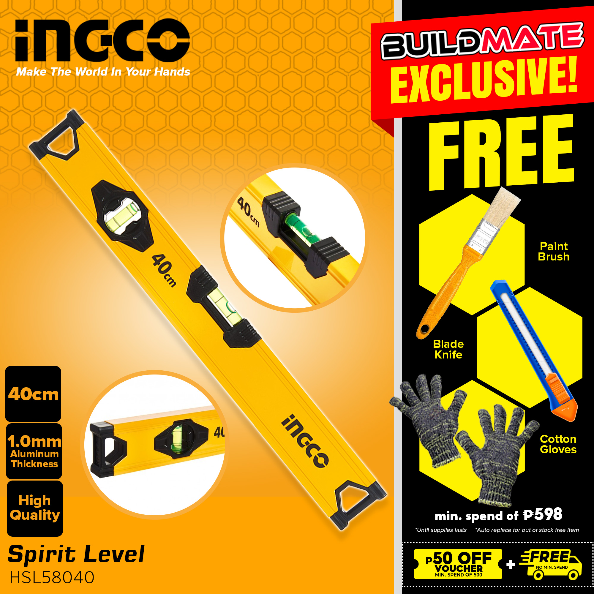 BUILDMATE Ingco 40CM Spirit Level Leveling Tool Aluminum Leveler Bubble ...