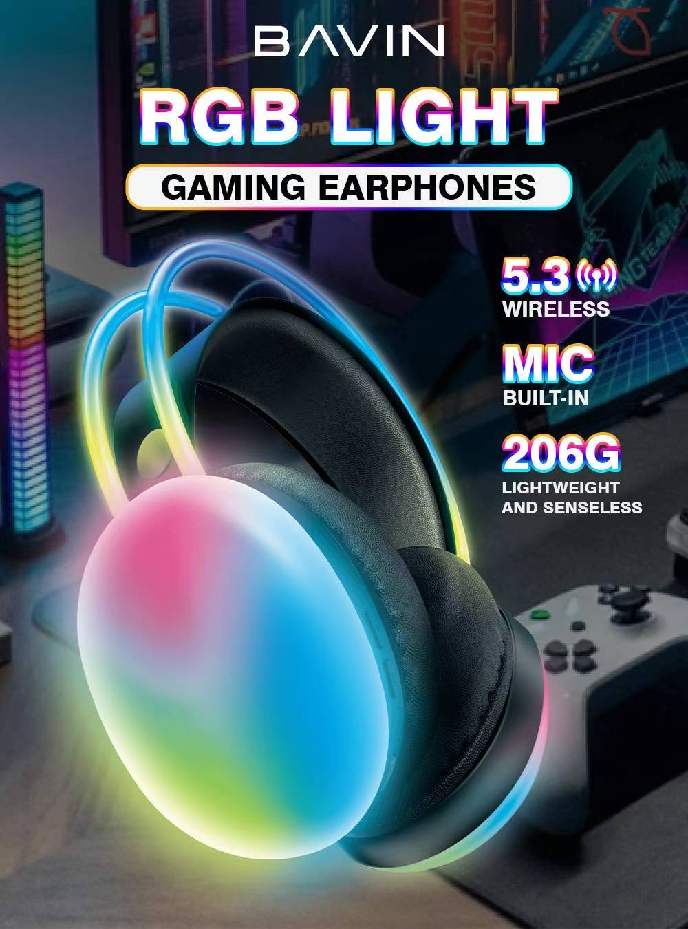 BAVIN BH 32 5.3 Wireless Bluetooth Headphones Colored LED Lights Gaming OverEar Headset Stereo ...