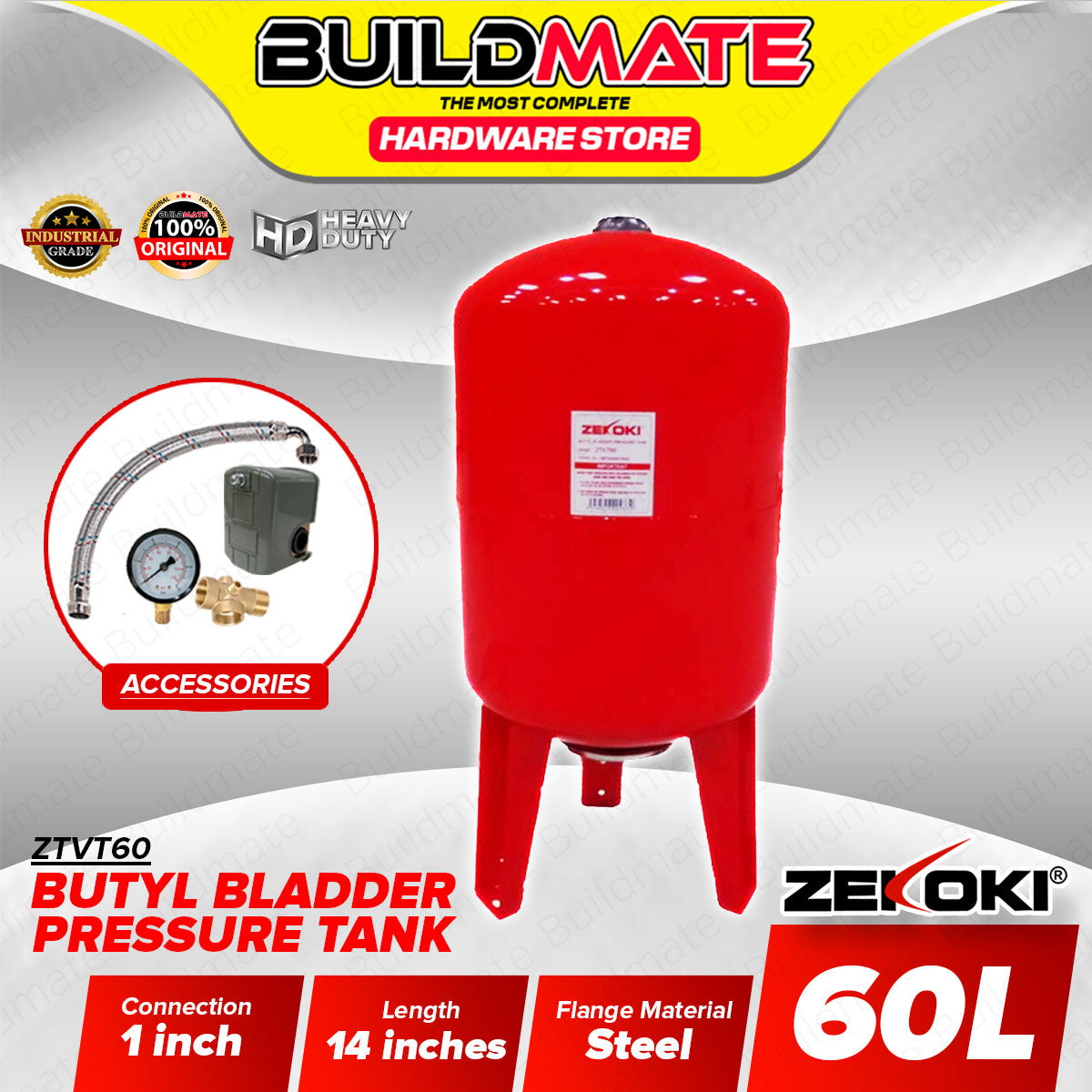 BUILDMATE Zekoki Butyl Bladder Pressure Tank 60L / 80L Steel Flange with 5-Way Connector ...
