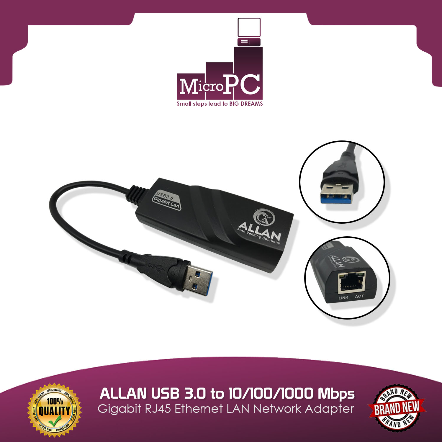 ALLAN USB 3.0 to 10/100/1000 Mbps Gigabit RJ45 Ethernet LAN Network ...