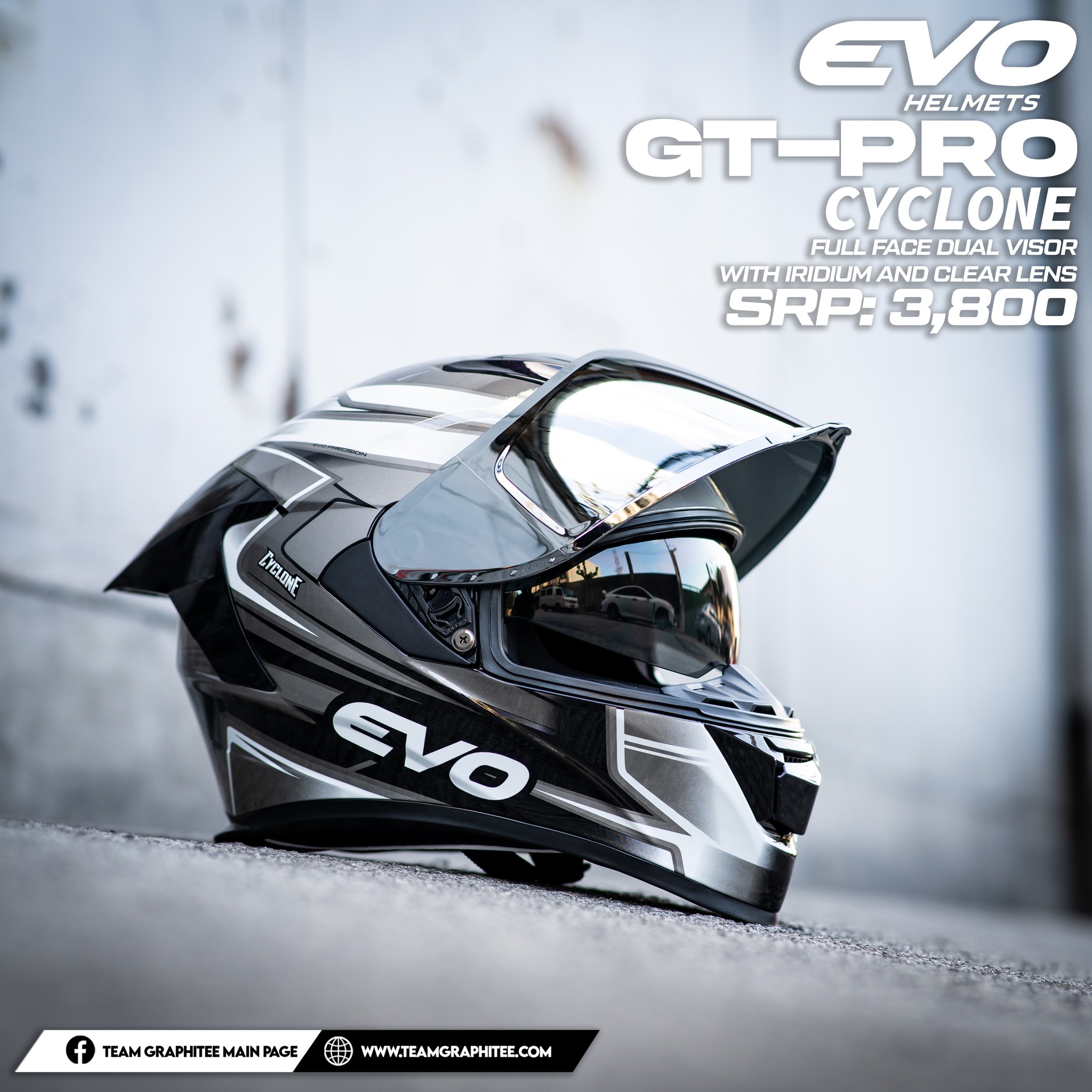 EVO GT-PRO CYCLONE WHITE BLACK FULL FACE DUAL VISOR WITH FREE CLEAR ...