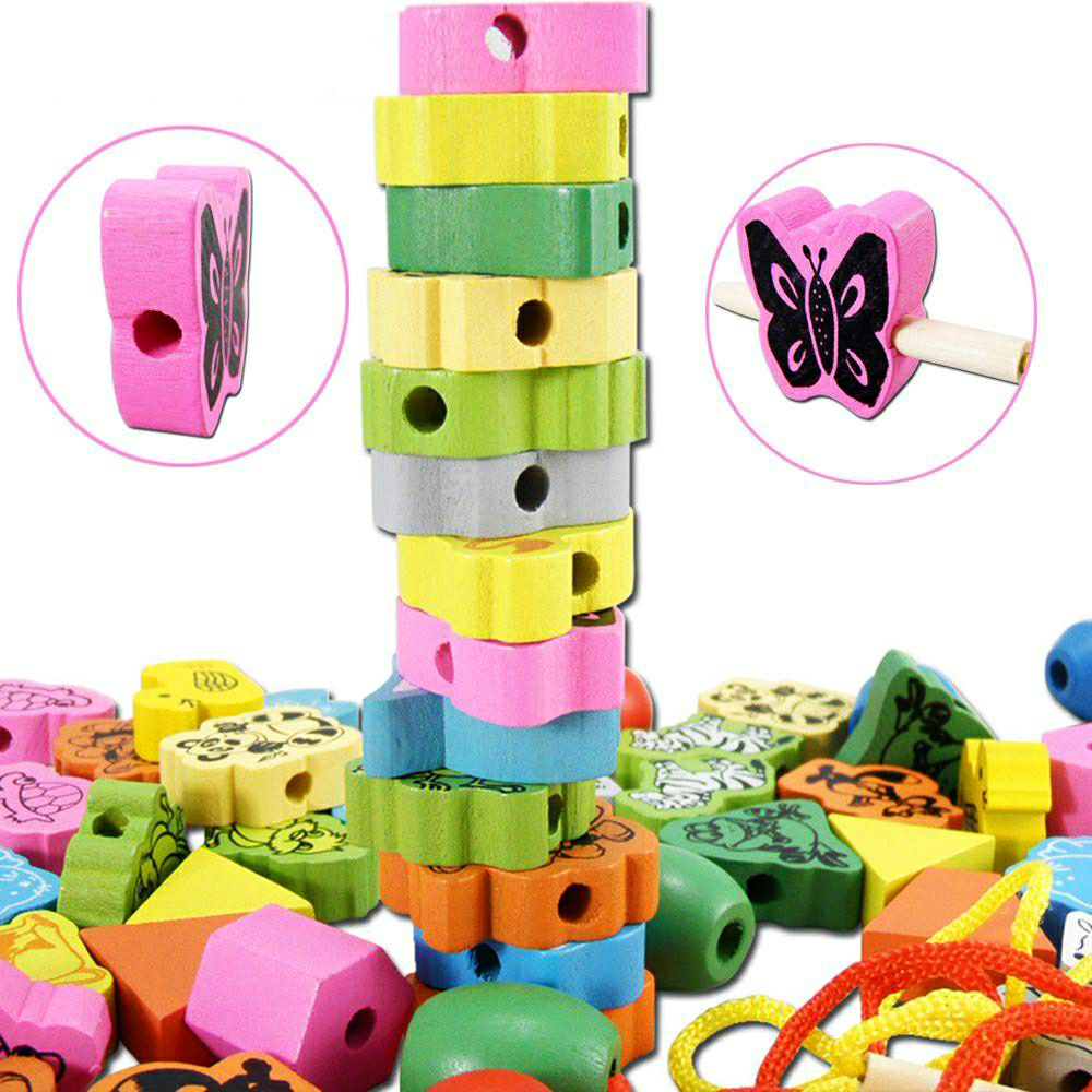Wooden Lacing Animals Chunky Blocks Montessori Early Learning Toy for ...