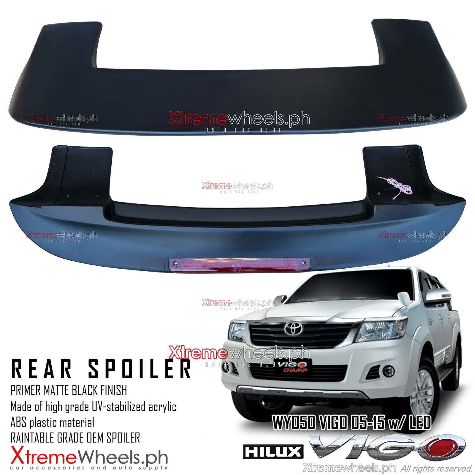 Toyota Hilux J E G V 2005-2015 Paintable Roof Rear Spoiler with LED (WY050 ) With Primer Black ...