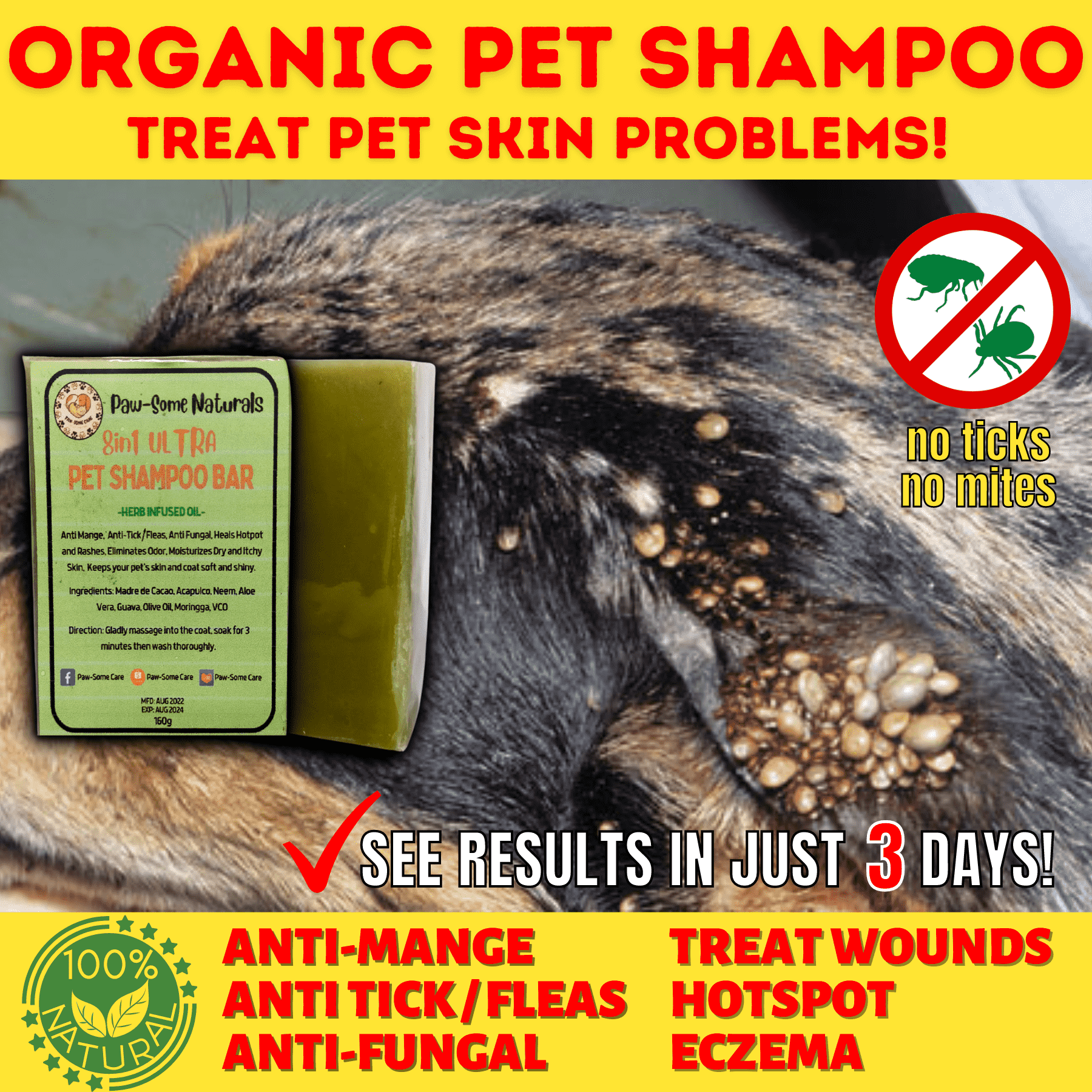 100% ORGANIC MOISTURIZING SHAMPOO BAR HEALS MANGE, FUNGAL INFECTION AND ...