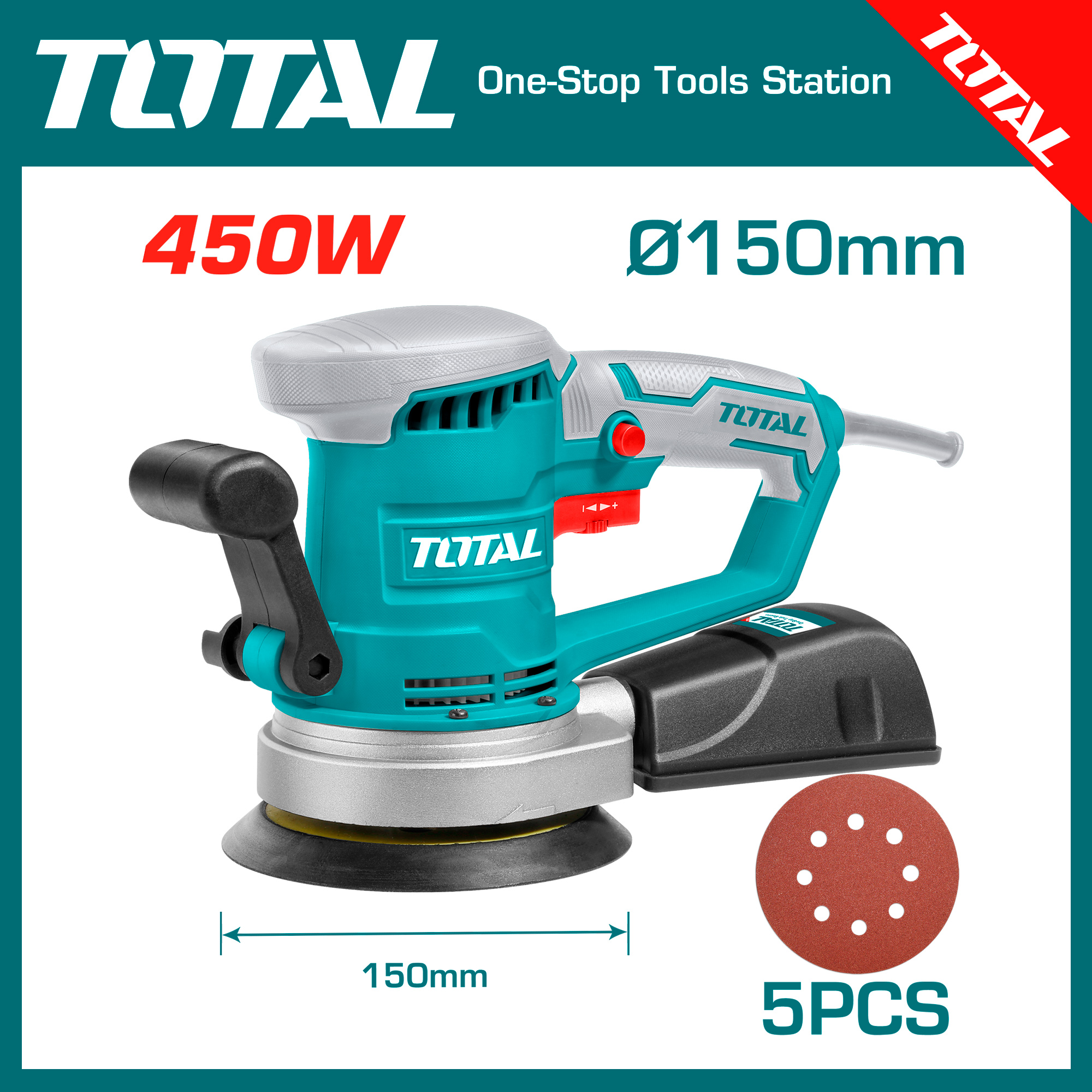 TOTAL TF2041506 Electric Orbital Rotary Sander 450W 150mm Velcrops Base ...