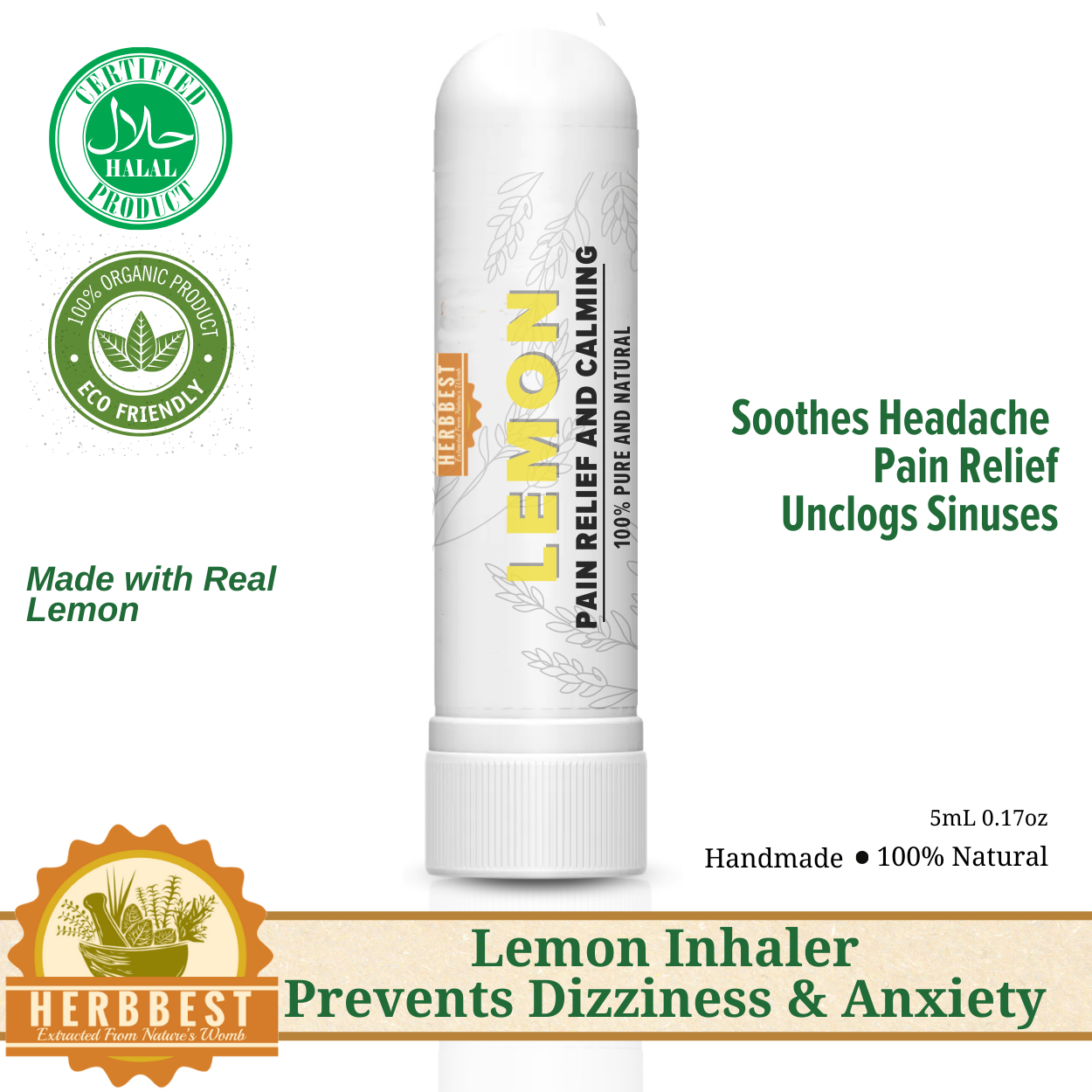 [ LEMON ESSENTIAL OIL INHALER ] Herbbest Organics Wellness Oil for ...