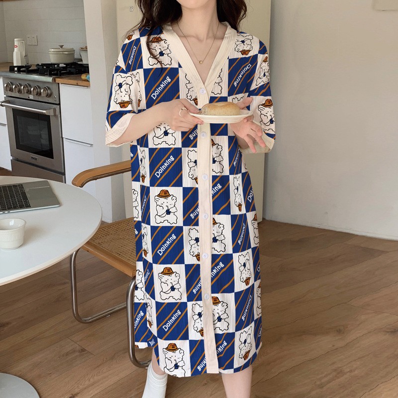 V neck Korean style Daster cotton cardigan fashionable nightgown ...