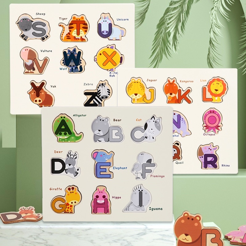 [TAT]Kids Learning Wooden Animal Alphabet Letter puzzle Pairing Gift ...