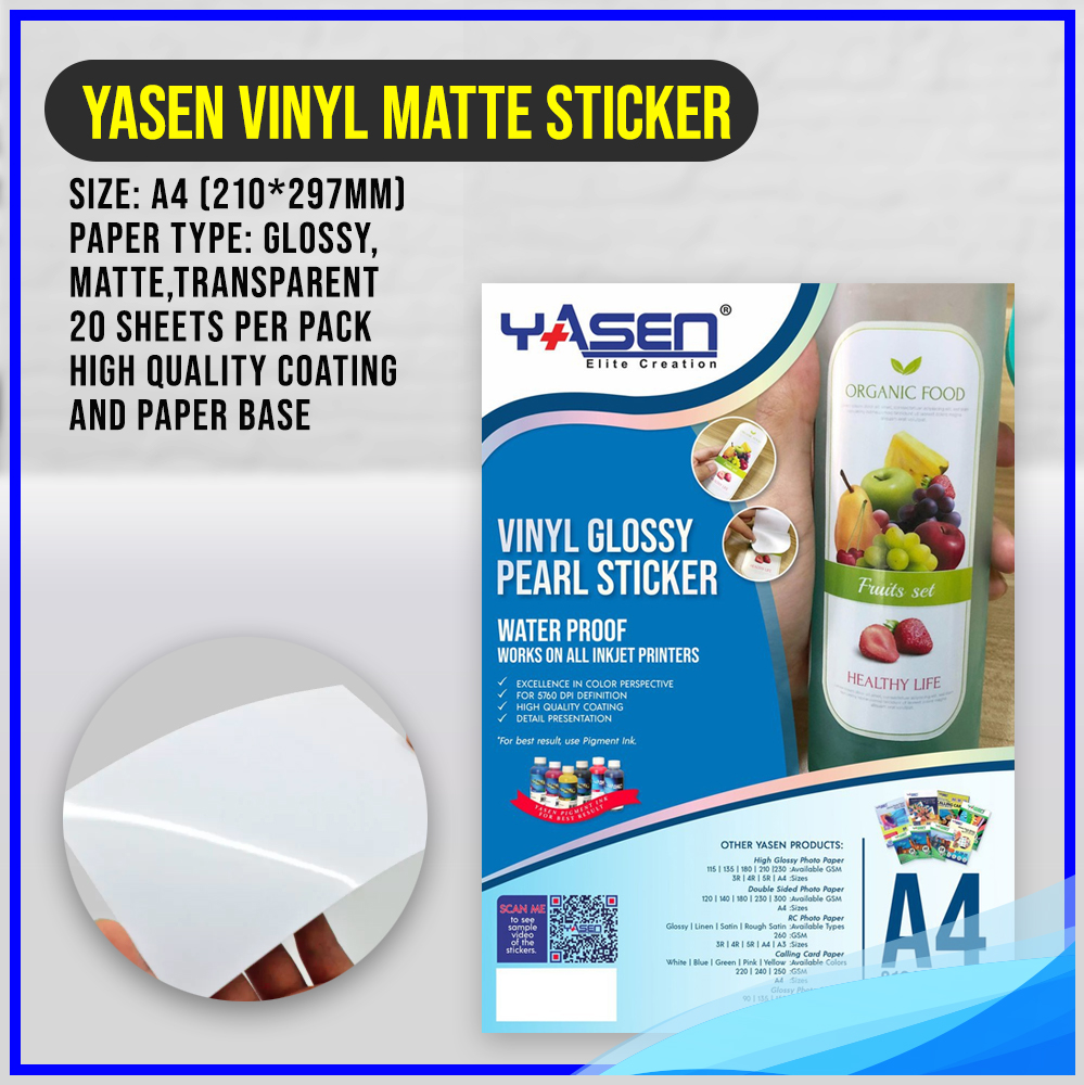 Yasen PP Vinyl Sticker A4 Size (Matte / Glossy Pearl / Transparent ...