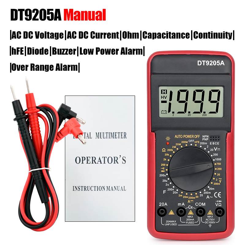 DT9205A DMM Professional Multimeter Digital hFE AC DC Voltage Current ...