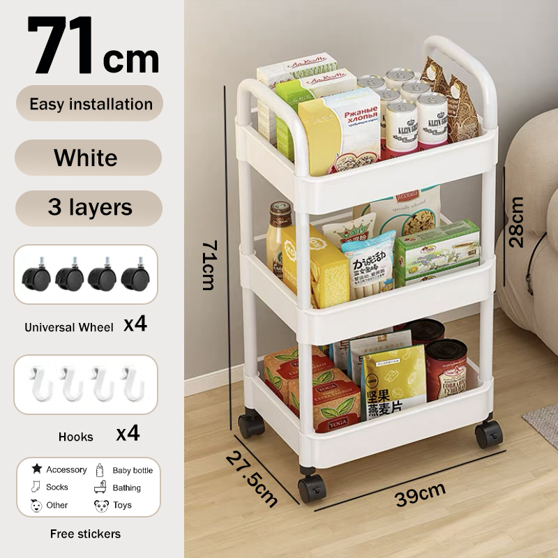 Trolley Cart Organizer 3-Tier Plastic Utility Cart with Handle, Wheels ...