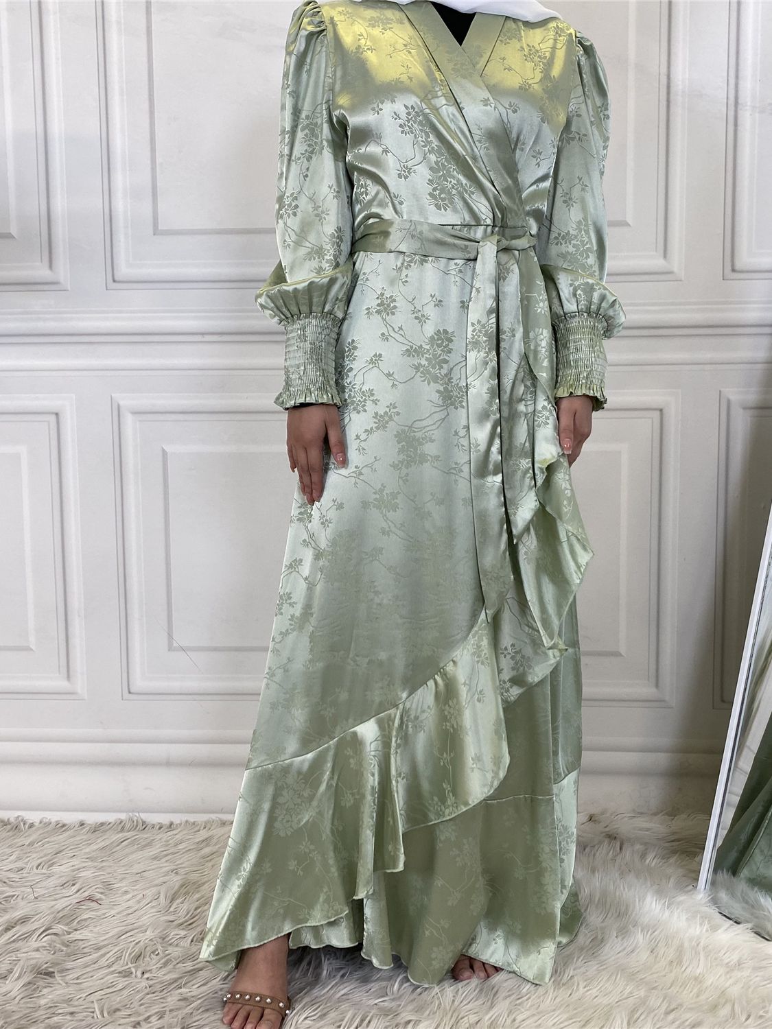 Fashion Flower Turkey Satin Abaya Muslim Woman Jilbeb Kaftan Wedding ...