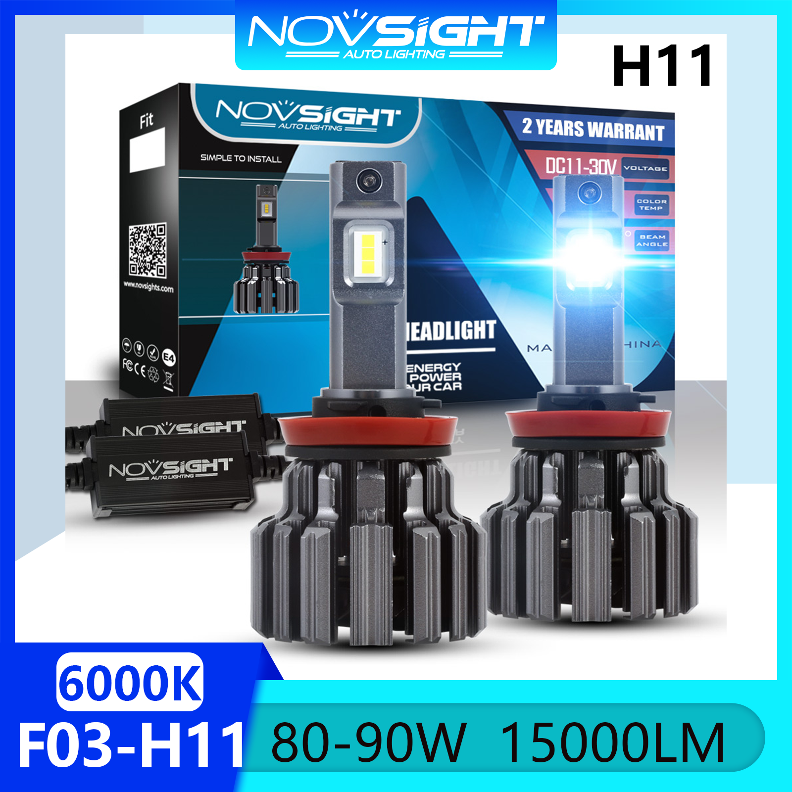 Novsight F03 H11 LED Headlight Bulb Kit 80W 15000LM 6000K White Super Bright LED Lights for Car ...