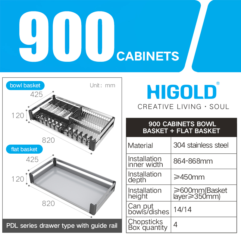 HIGOLD 600mm Kitchen Cabinet Basket Pull Drawer 800mm / 900mm 304 ...
