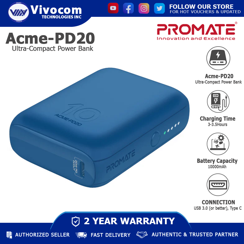 Promate Acme-PD20 (Blue) Ultra-Compact Power Bank with 20W Power ...