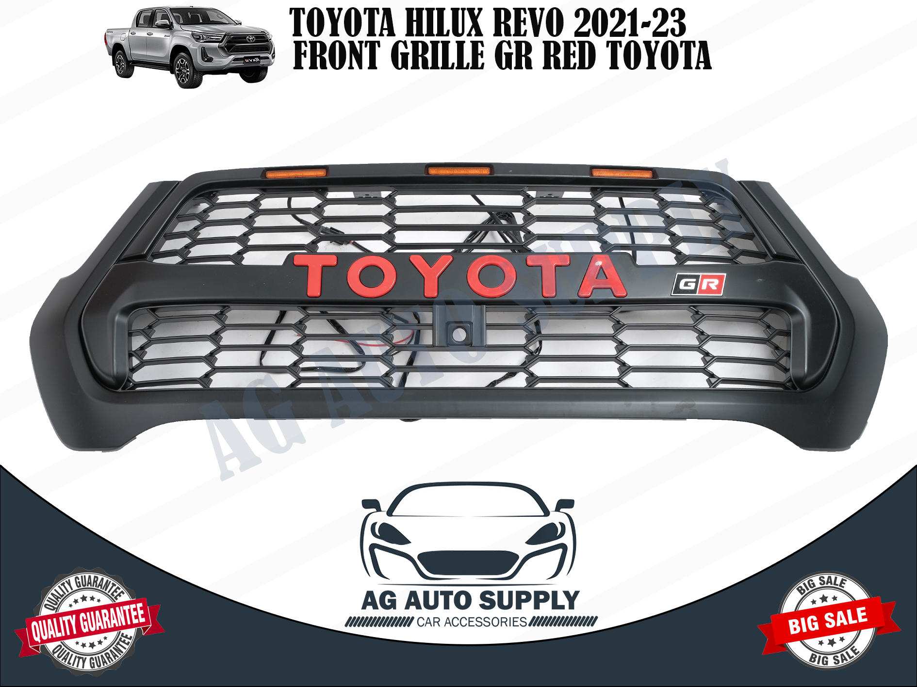 Front Grille Car Grill Guard All Black & Red For TOYOTA HILUX REVO 2021 ...