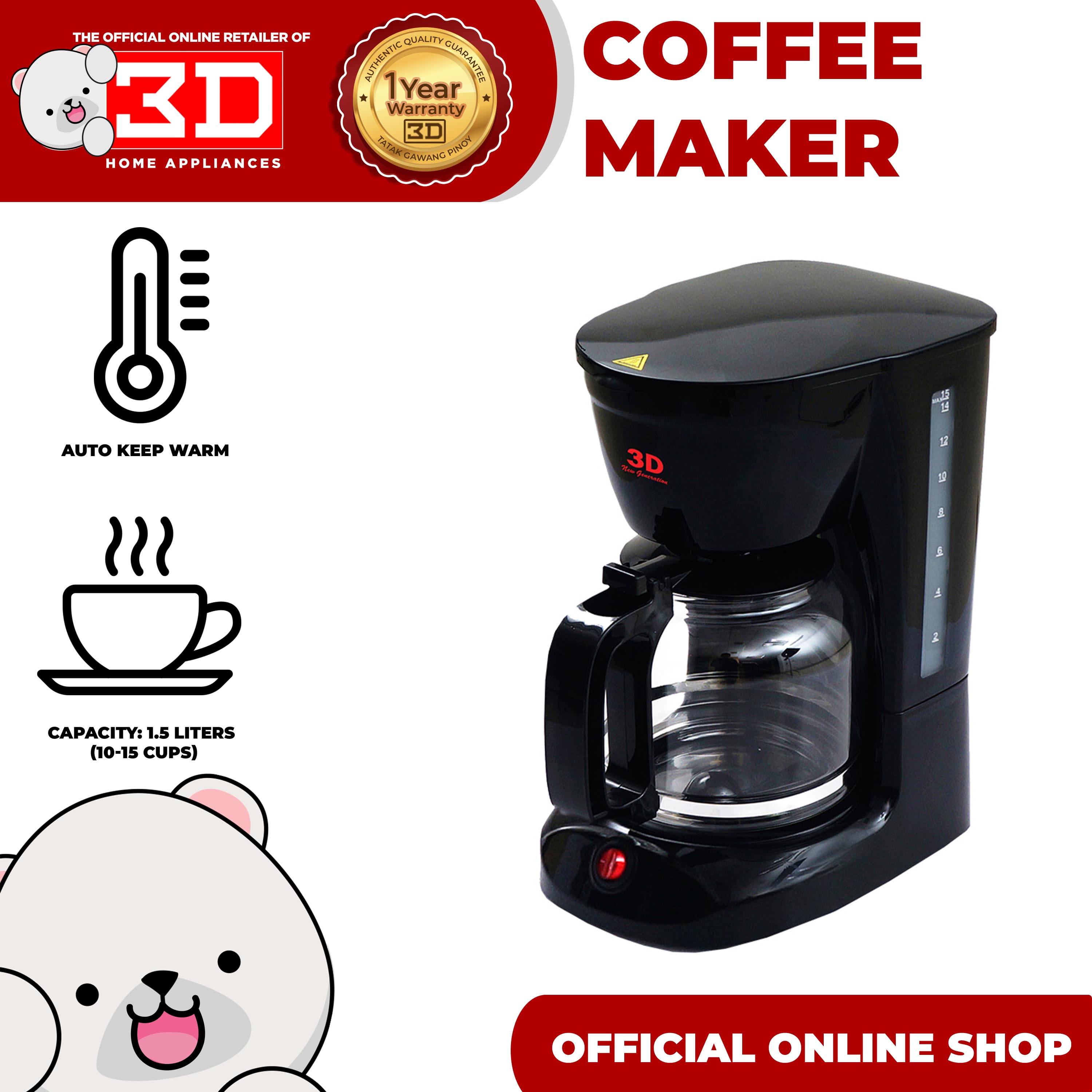 3D CM-1500PB Coffee Maker Machine 1.5L Up to 15 Cups Capacity | Lazada PH