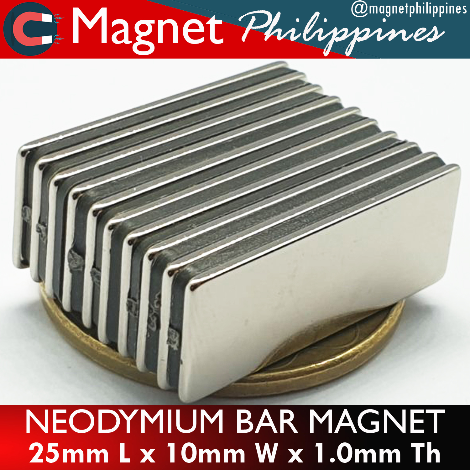 10 PIECES SET N52 Neodymium THIN BAR Magnet 25mm L x 10mm W x [1.0mm ...