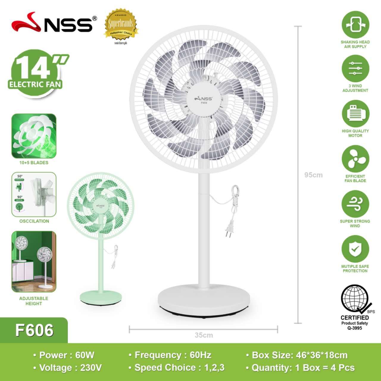 NSS 14'' Electric Fan mute 3-speed Household Stand Fan Floor Fan 10+5 ...