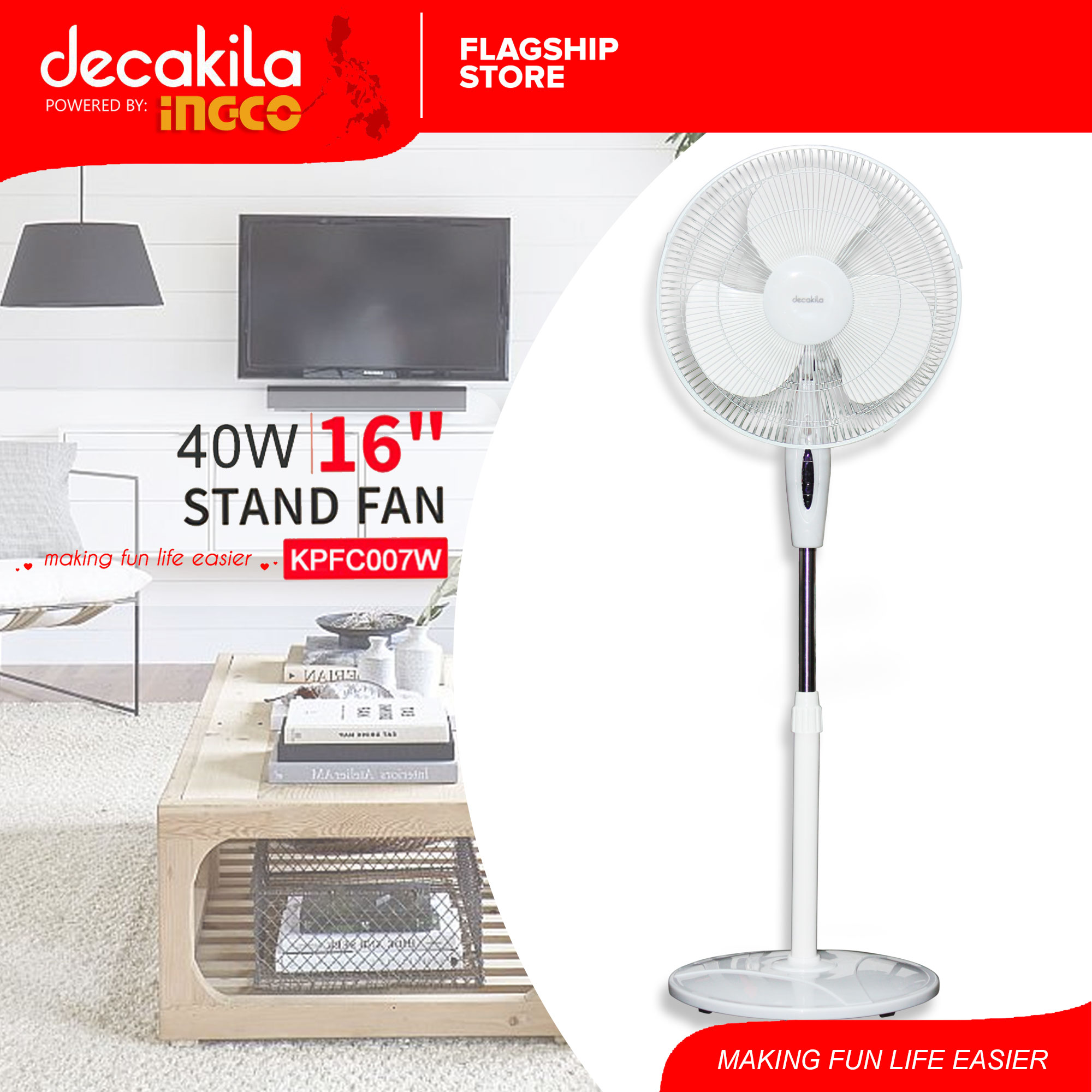 Decakila KPFC007W Electric White Stand Fan 16" POWERED BY INGCO | Lazada PH