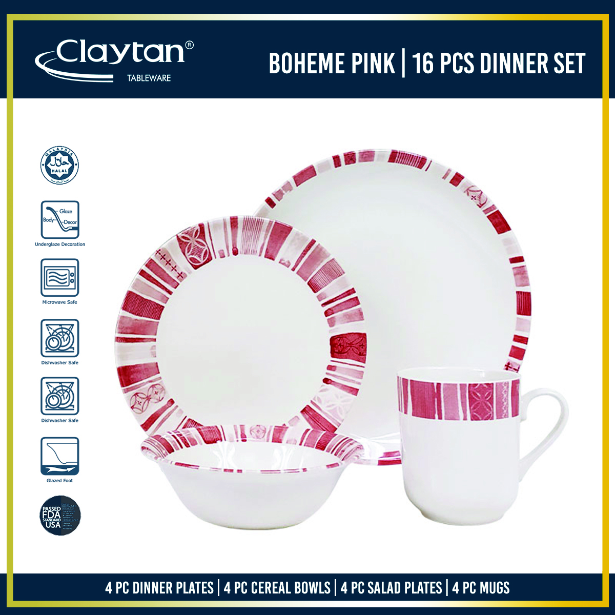 Claytan Boheme Pink 16 PCS Ceramic Dinner Set | Lead Safe and Microwave ...