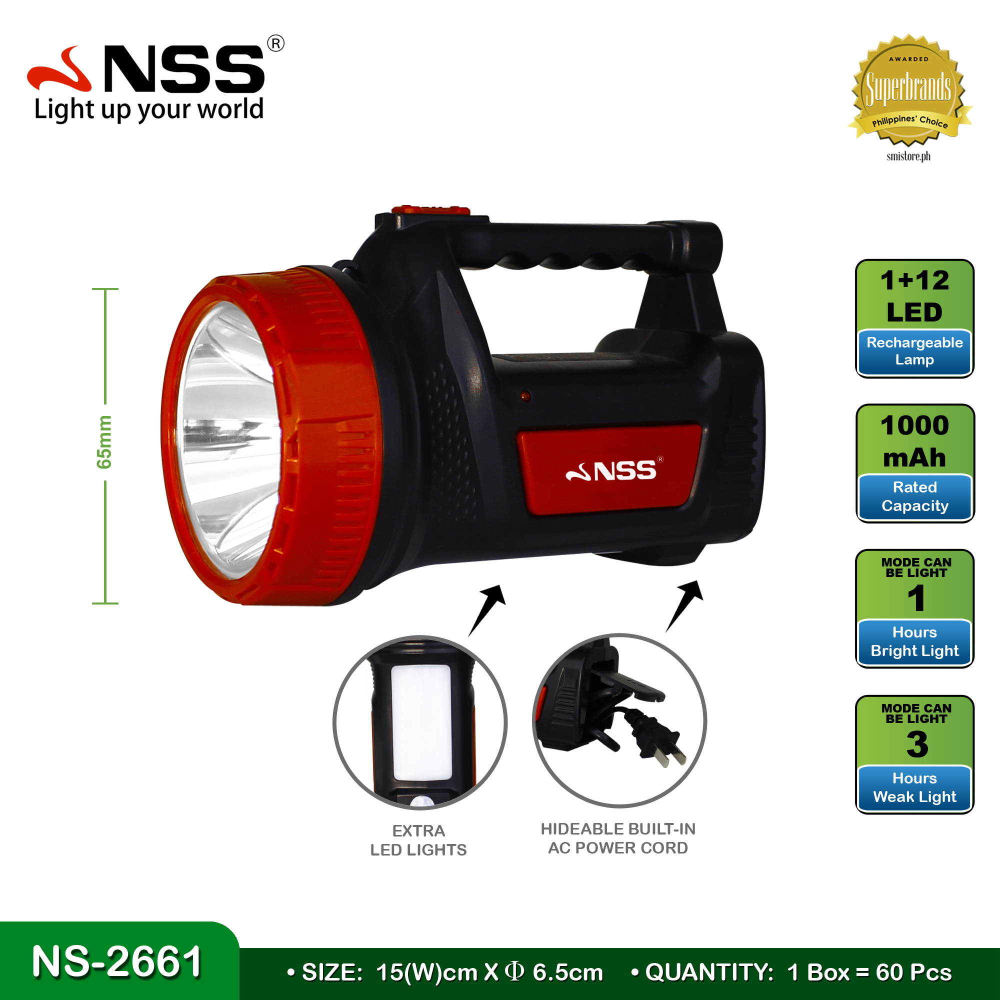 NSS LED Searchlight Flashlight Rechargeable Super Bright 1000mAh LED ...