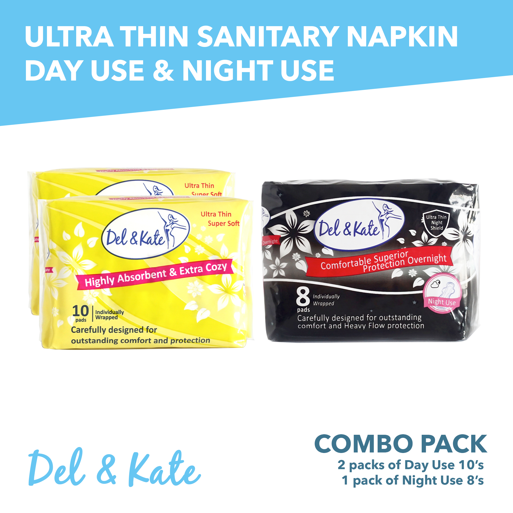 Del & Kate Ultra Thin Sanitary Napkin - COMBO Pack - Day & Night Pads ...