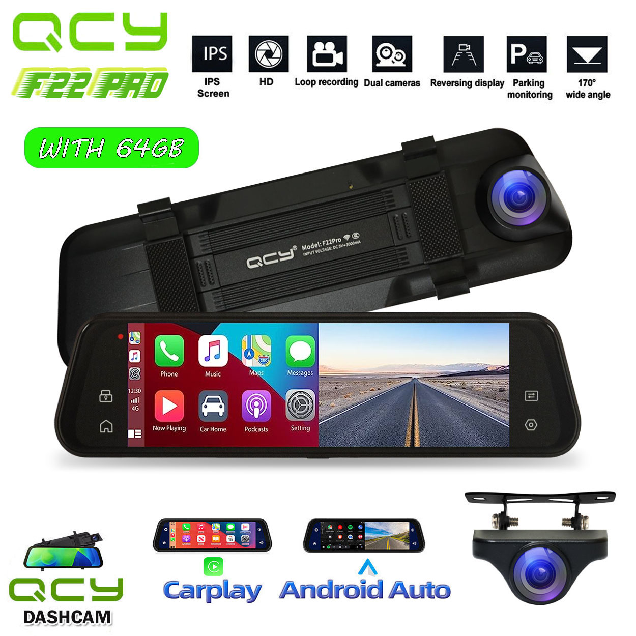 QCY F22 PRO 4K+2K 9.66" Mirror Dash Cam Front and Rear Camera with ...