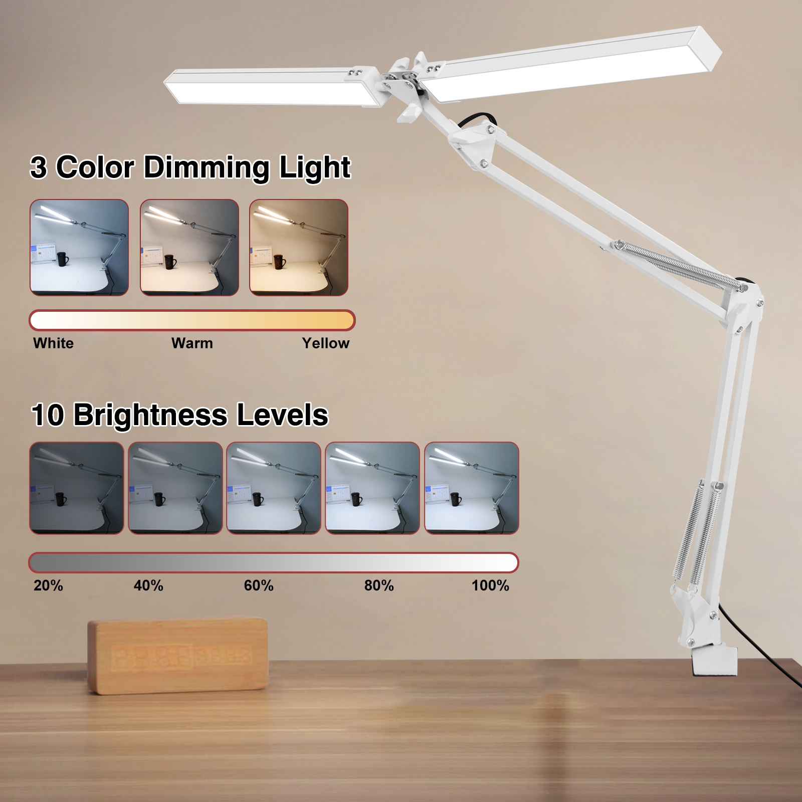 24W LED Folding Metal Desk Lamp Double Head Table Light with Clip ...