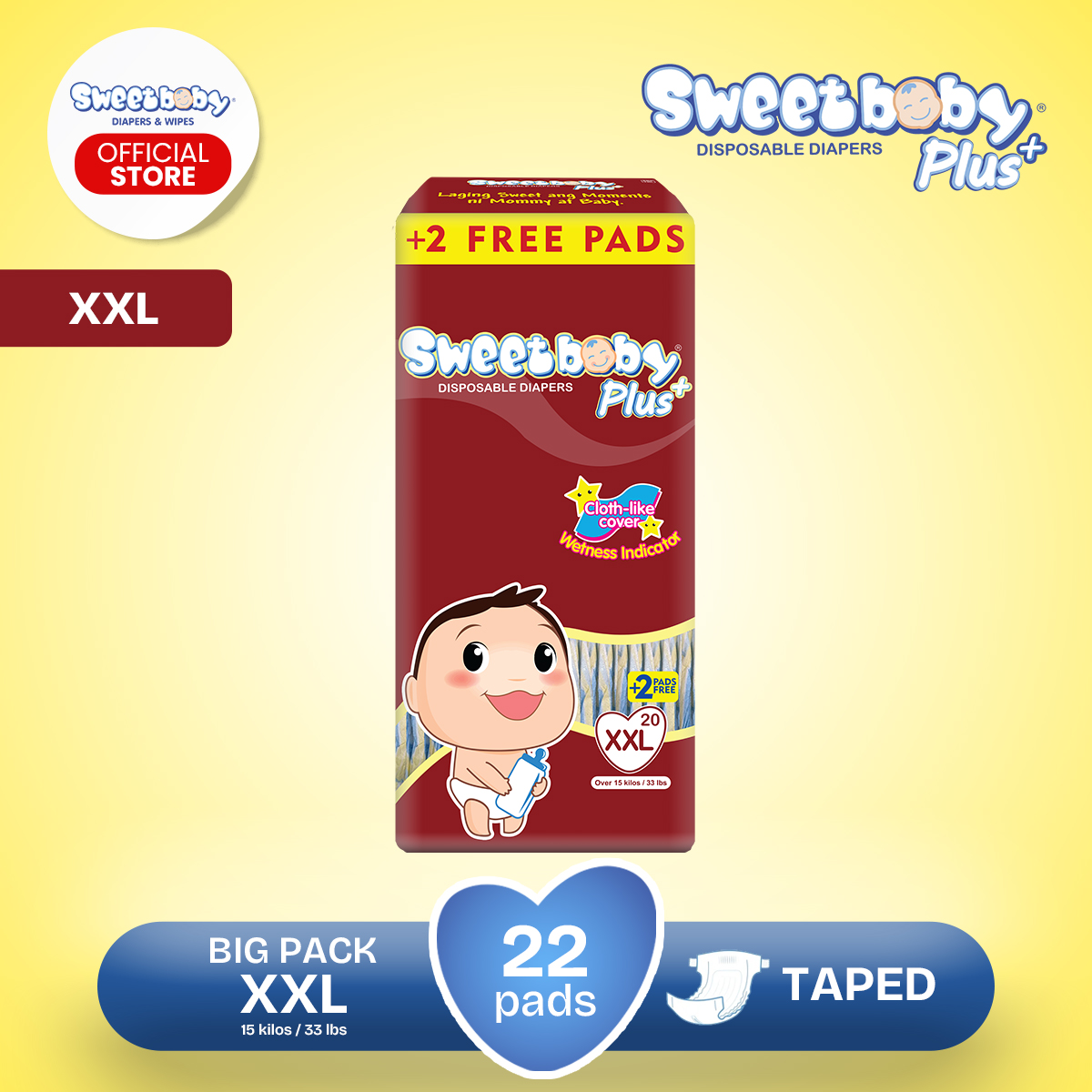 SWEETBABY PLUS BIG PACK TAPED DIAPER XXL 20+2 PADS - DISPOSABLE DIAPER ...