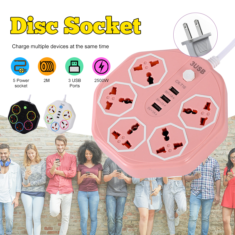 Round Multiple Porous Socket USB Sockets Universal 2 Pin and 3 Pin Plug with 2 Meters Power ...