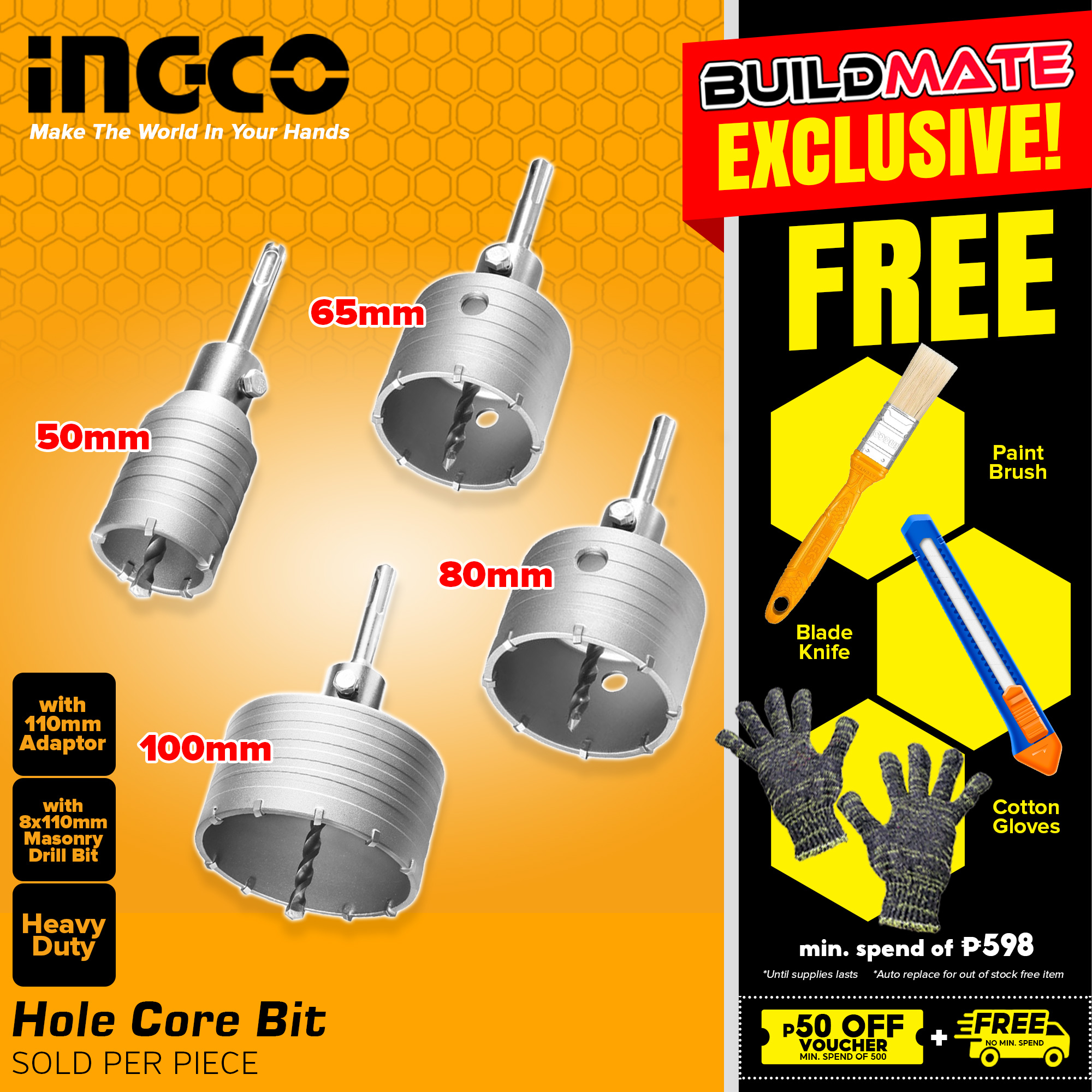 INGCO Hole Core Bit 50mm / 65mm / 80mm /100mm •BUILDMATE• IHT | Lazada PH